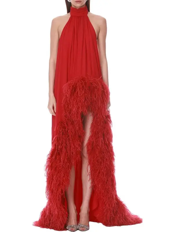 BRONX BANCO Halter Neck Feather-hem Chiffon Gown - Flame