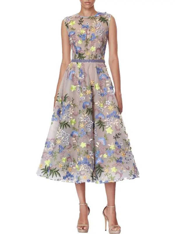 BRONX BANCO Saba Blossom-embroidered Midi Dress - Blue Multi