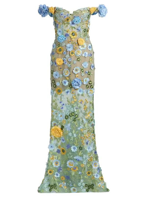BRONX BANCO Portofino Floral Applique Off-the-shoulder Gown - Blue Multi