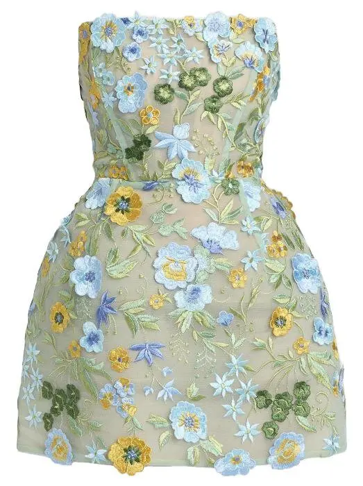 BRONX BANCO Jasmine Maraya Floral Appliqué Strapless Minidress - Blue Multi