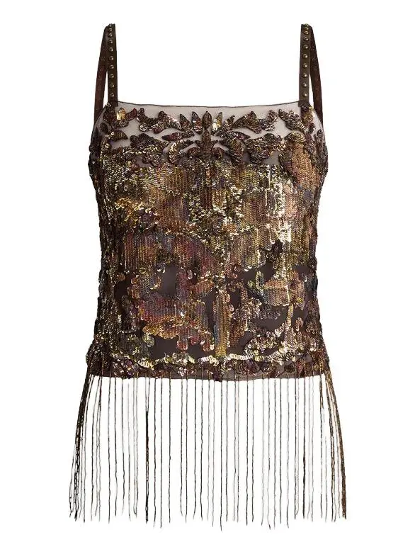 Ralph Lauren Sonara Sequined Tapestry Fringe Top - Brown