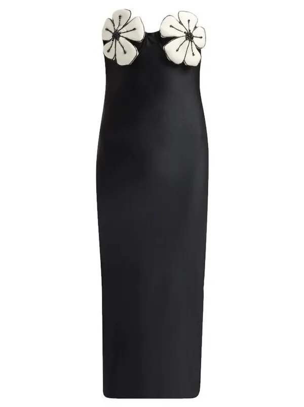 PatBO Midnight Bloom Embroidered Floral Strapless Midi Dress - Black