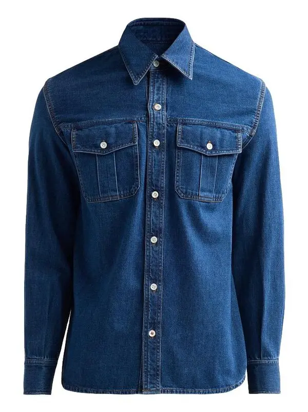 Isaia Cotton Denim Pocket Shirt - Medium Blue