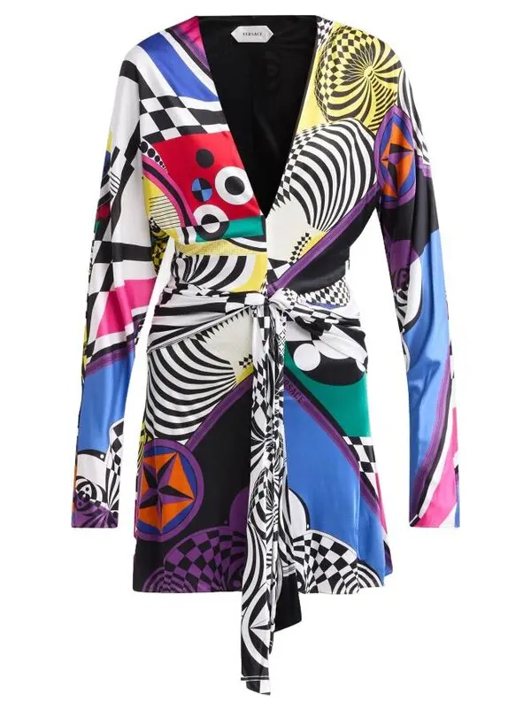 Versace Printed Jersey Tie-waist Mini Dress - Multicolor
