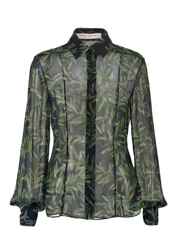 Carolina Herrera Leaf-print Silk Sheer Shirt - Midnight Multi