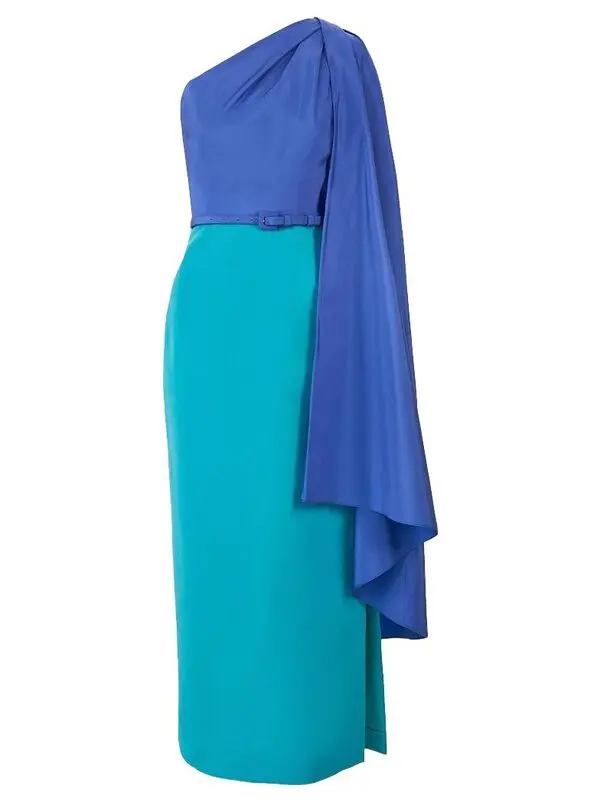 Carolina Herrera Colorblocked Silk Draped Shoulder Sheath Gown - Turquoise Multi