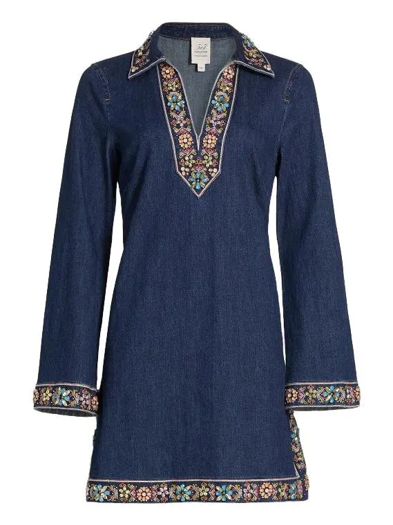 Cinq À Sept Pierson Beaded Embellished Denim Mini-shirtdress - Abyss