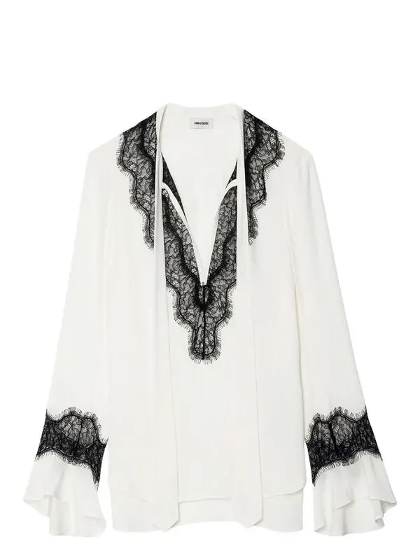 Zadig&Voltaire Tuan Contrast Lace Silk Blouse - Flake