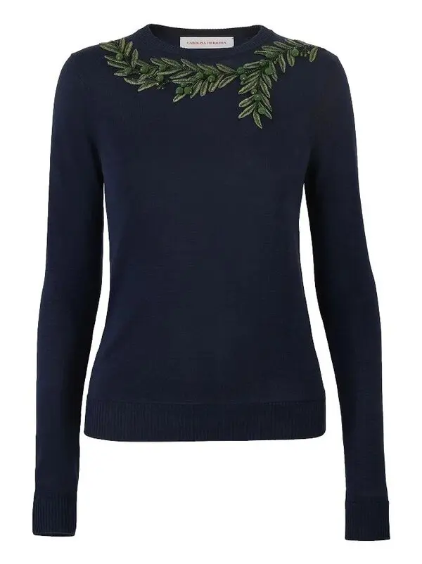 Carolina Herrera Leaf Embroidered Silk-cotton Sweater - Midnight Multi