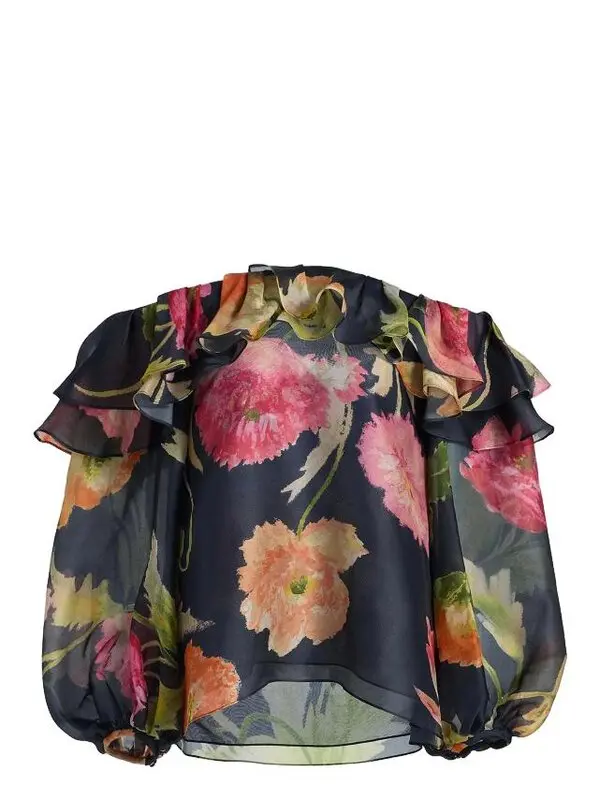 Carolina Herrera Floral Silk Organza Puff-sleeve Blouse - Midnight Multi