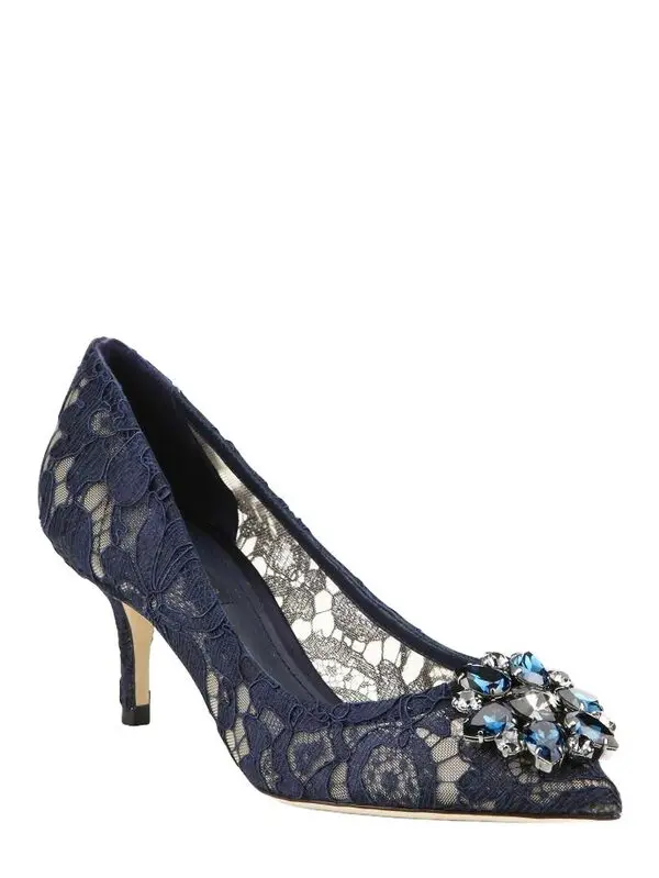 Dolce & Gabbana Embellished Lace Point Toe Pumps - Navy