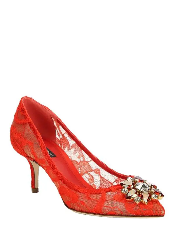 Dolce & Gabbana Embellished Lace Point Toe Pumps - Red