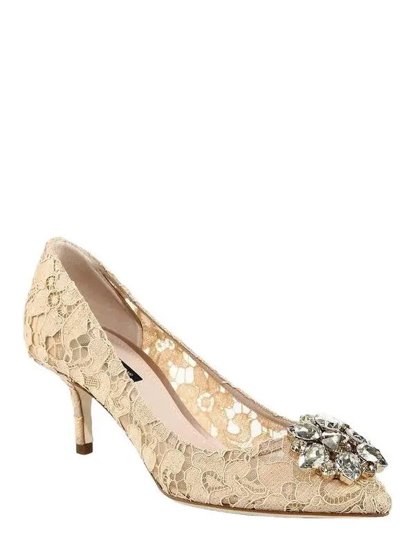 Dolce & Gabbana Embellished Lace Point Toe Pumps - Sand