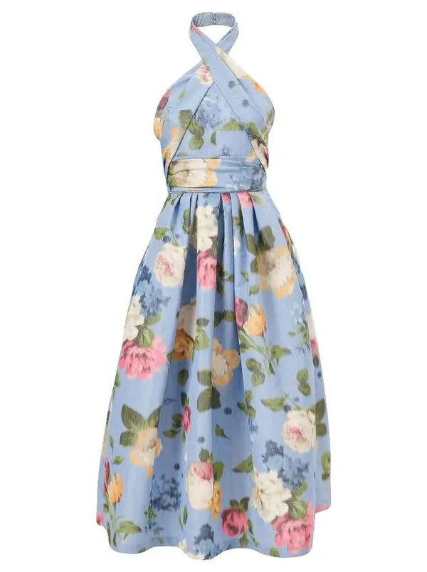 Carolina Herrera Cabana Floral Crossed Halterneck Midi-dress - Cloudy Blue Multi