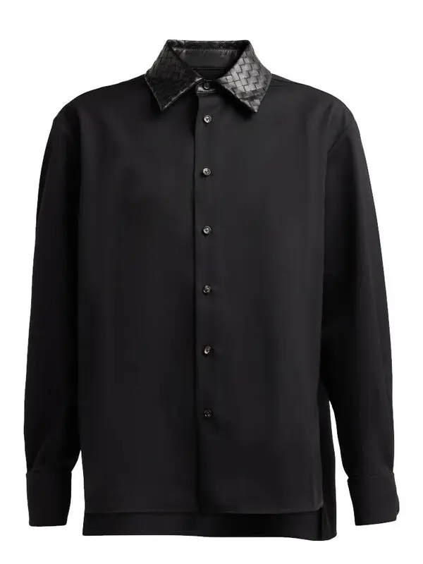 Bottega Veneta Intrecciato Leather Collar Wool Shirt - Double Black