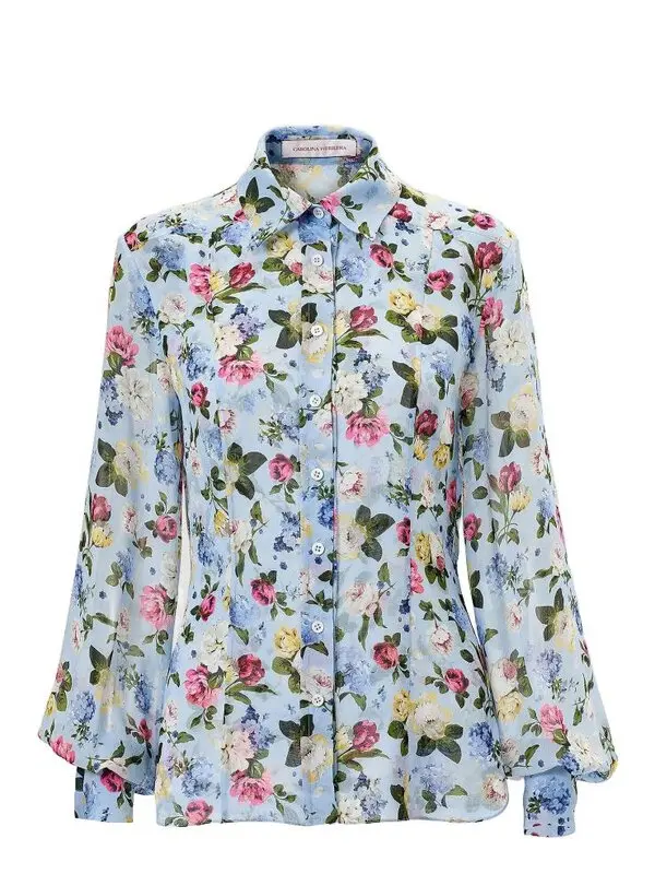 Carolina Herrera Cabana Isabella Floral Silk Shirt - Cloudy Blue Multi