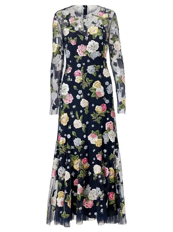 Carolina Herrera Cabana Sheer Floral Embrodiered Midi-dress - Midnight