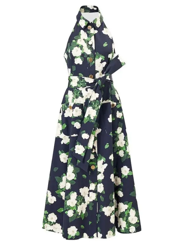 Carolina Herrera Cabana Floral Halterneck Button-front Cotton-blend Midi-dress - Midnight Multi