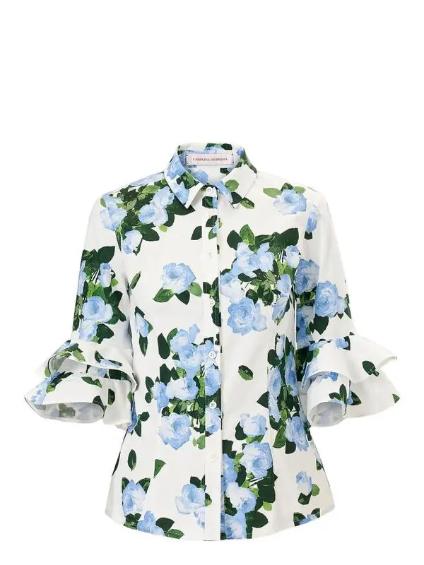 Carolina Herrera Cabana Floral Ruffle-sleeve Stretch-cotton Top - White Multi