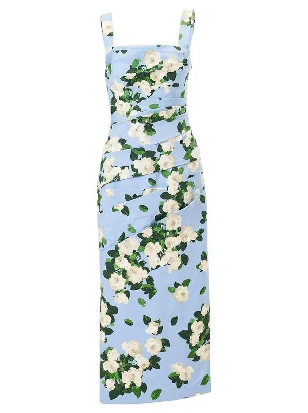 Carolina Herrera Cabana Floral Draped Thick-strap Cotton-blend Midi-dress - Cloudy Blue Multi