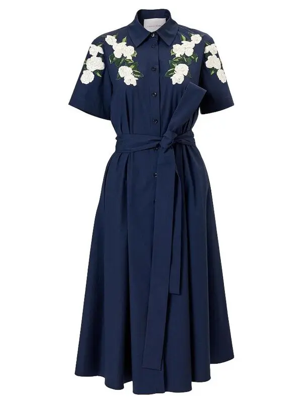 Carolina Herrera Cabana Embroidered Short-sleeve Midi Shirtdress - Midnight