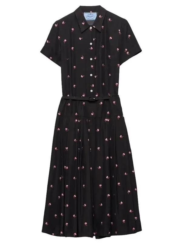 Prada Floral Print Washed Silk Dress - Black Multi
