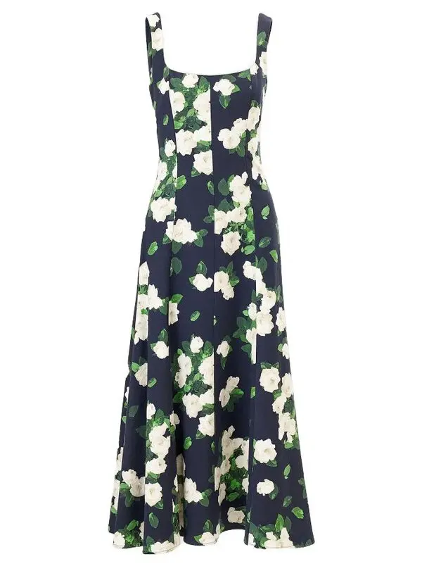 Carolina Herrera Cabana Floral Squareneck Sleeveless Cotton-blend Midi-dress - Midnight Multi