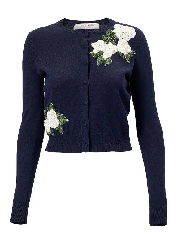 Carolina Herrera Cabana Embroidered Crewneck Silk-cotton Long-sleeve Cardigan - Midnight