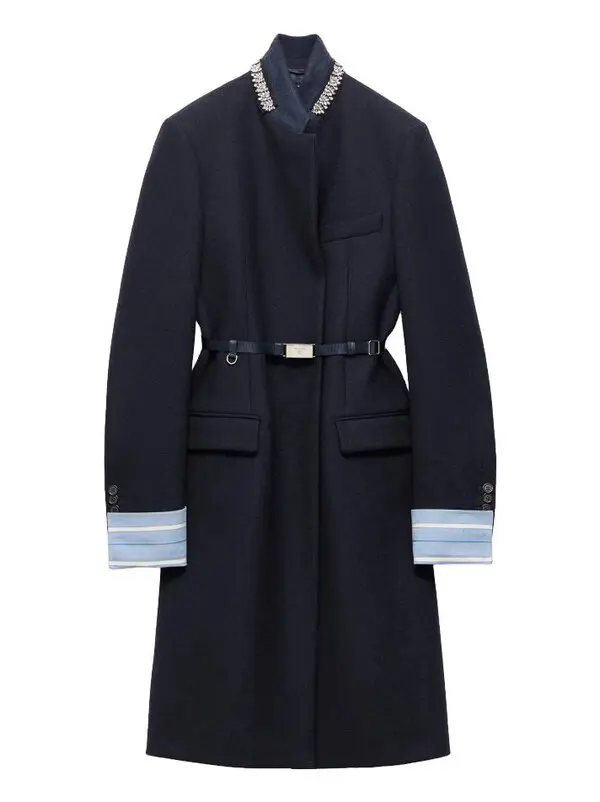 Prada Single-breasted Embroidered Double Wool Coat - Blue