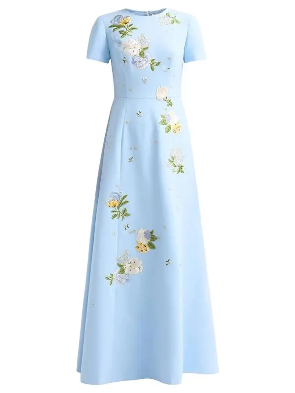 Carolina Herrera Floral Embroidered Short-sleeve Gown - Cloudy Blue