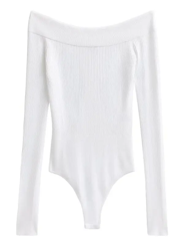 Alaïa Off-the-shoulder Long-sleeve Rib-knit Bodysuit - Blanc