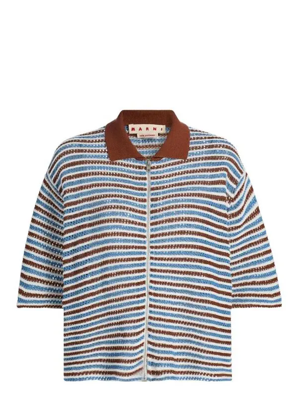 Marni Stripe Crochet Boxy Polo Cardigan - Light Brown