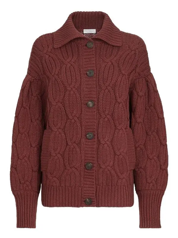 Brunello Cucinelli Cashmere Feather Yarn Heritage Cable Cardigan - Ruby