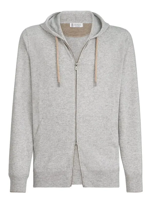 Brunello Cucinelli Cashmere Sweatshirt-style Cardigan With Hood - Pebble