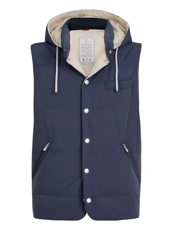 Brunello Cucinelli Bonded Nylon Down Vest With Detachable Hood - Blue
