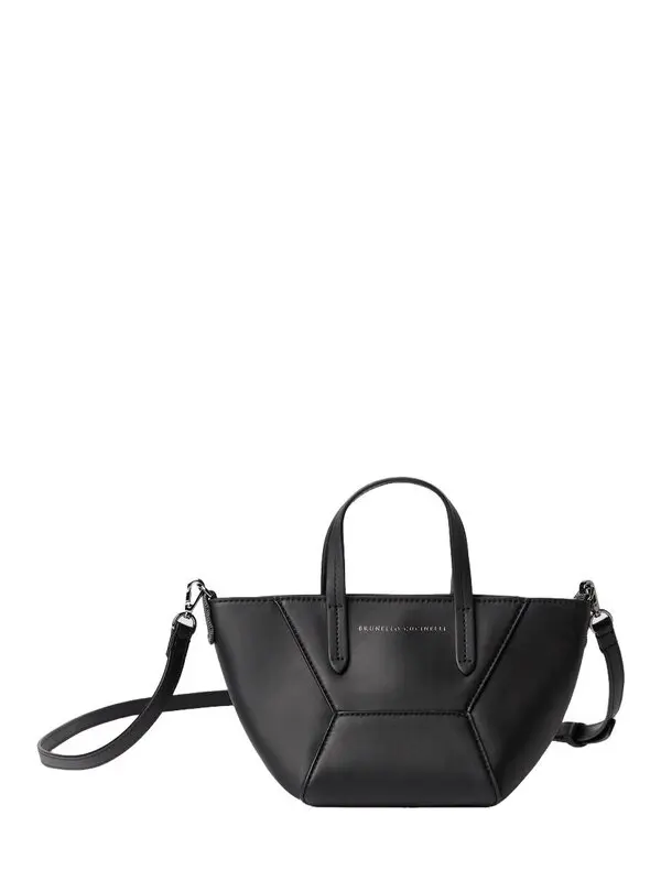 Brunello Cucinelli Duo Mini Top Handle Bag In Calfskin With Monili - Black