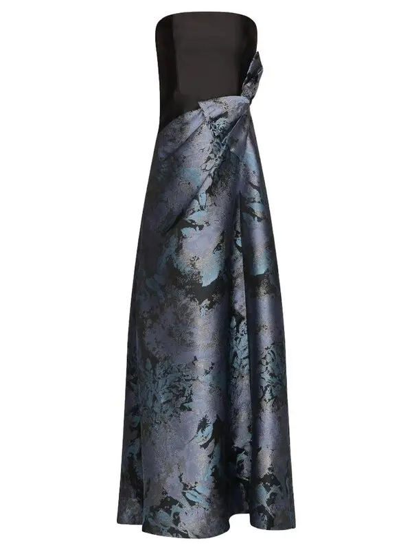 KAY UNGER Eva Dauphine Jacquard Asymmetic Gown - Chambray Multi
