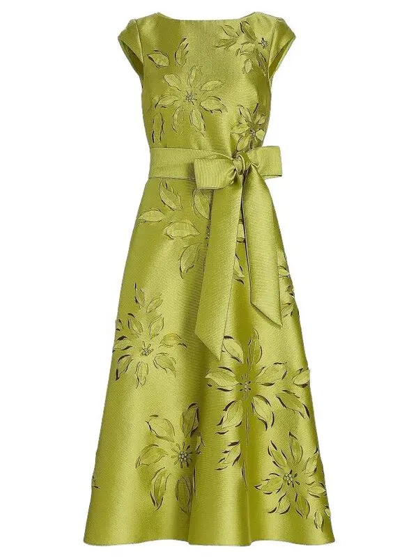 Badgley Mischka Lasercut Floral Tie Waist Midi-dress - Chartreuse