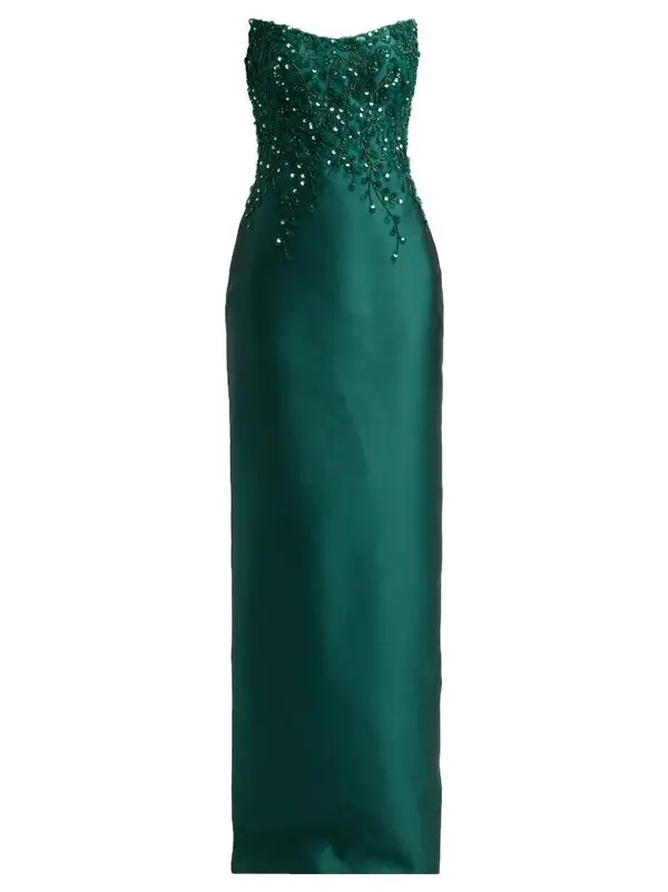 Pamella Roland Embellished Mikado Strapless Gown - Green Multi