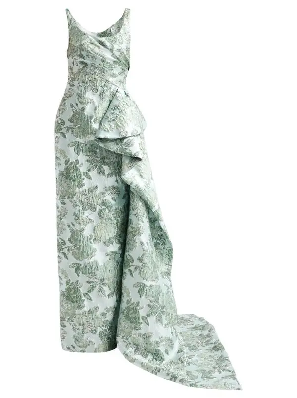 Pamella Roland Jacquard Draped Gown - Mint Multi