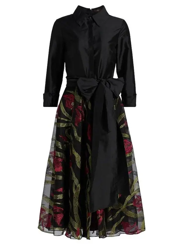 Theia Azura Embroidered A-line Shirtdress - Black