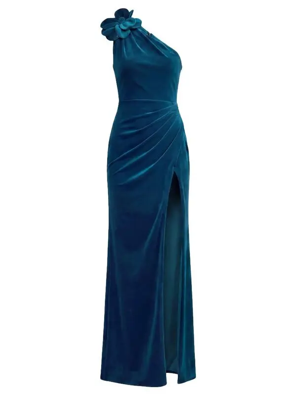 Mac Duggal Velvet Floral Detail One-shoulder Gown - Ocean