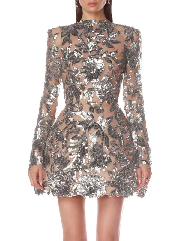 BRONX BANCO Sequined Floral Long-sleeve Mini Dress - Silver
