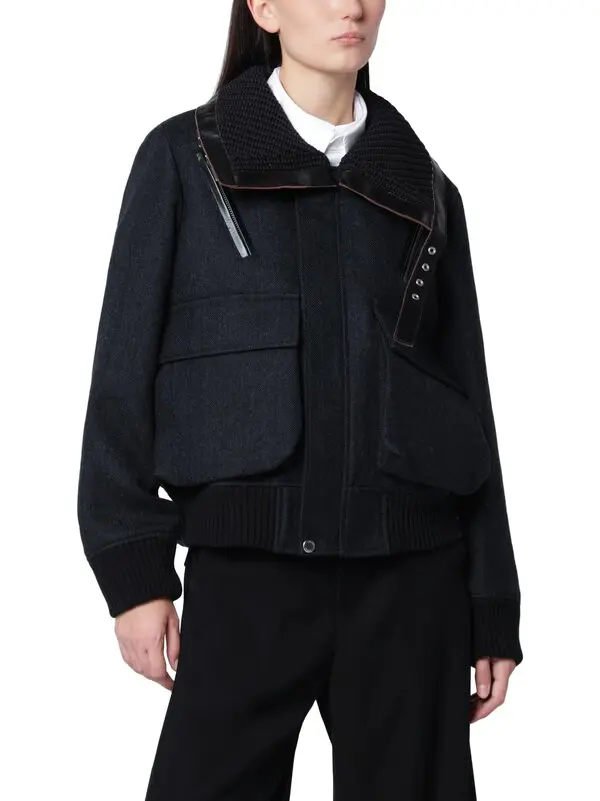 Sacai Navy Blue/black Jacket In Wool And Nylon - Multicolor