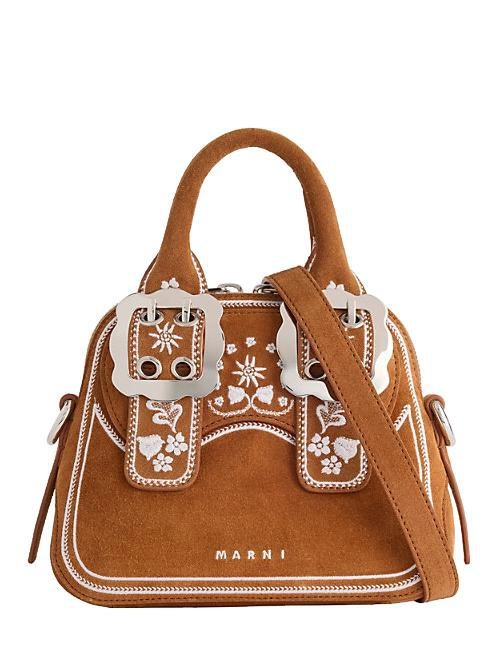 Marni Mini Belte Embroidered Suede Top Handle Bag - Moca