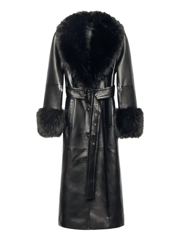 STAND STUDIO Faux Fur Scarf Collar And Cuffs Coat With Tonal Buttons, Matching Belt & Welt Pockets - Nero