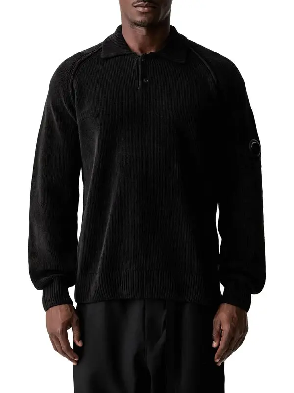 C.P. COMPANY Ribbed Cotton Polo Sweatshirt With Mini Pocket Magnifier And Raglan Sleeves - Nero