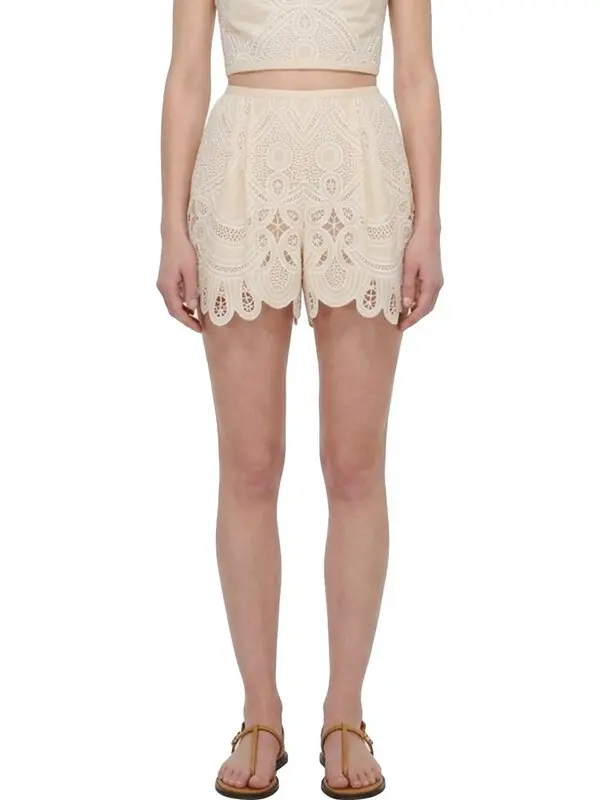 Elie Saab High-waisted Pleated Macramé Lace Shorts - Beige