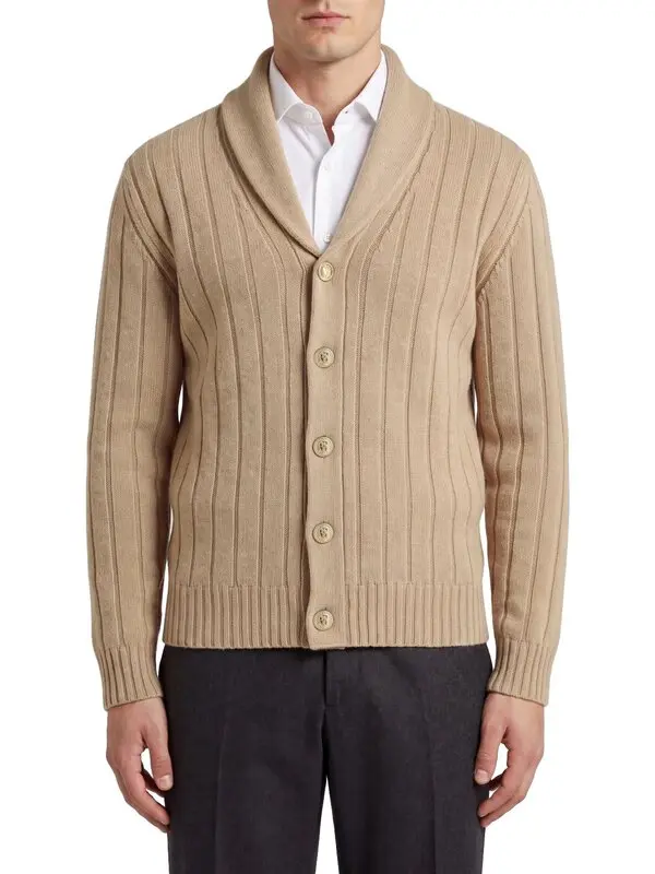Brunello Cucinelli Pure Cashmere Shawl Collar Cardigan With Buttons - Camel