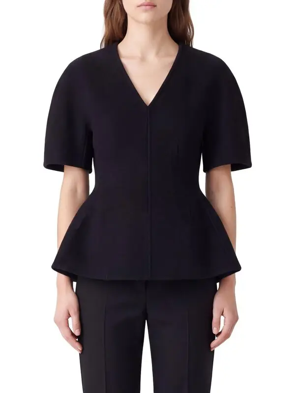 LISA YANG V-neck Wool And Cashmere Short-sleeve Top With Ruffles - Black